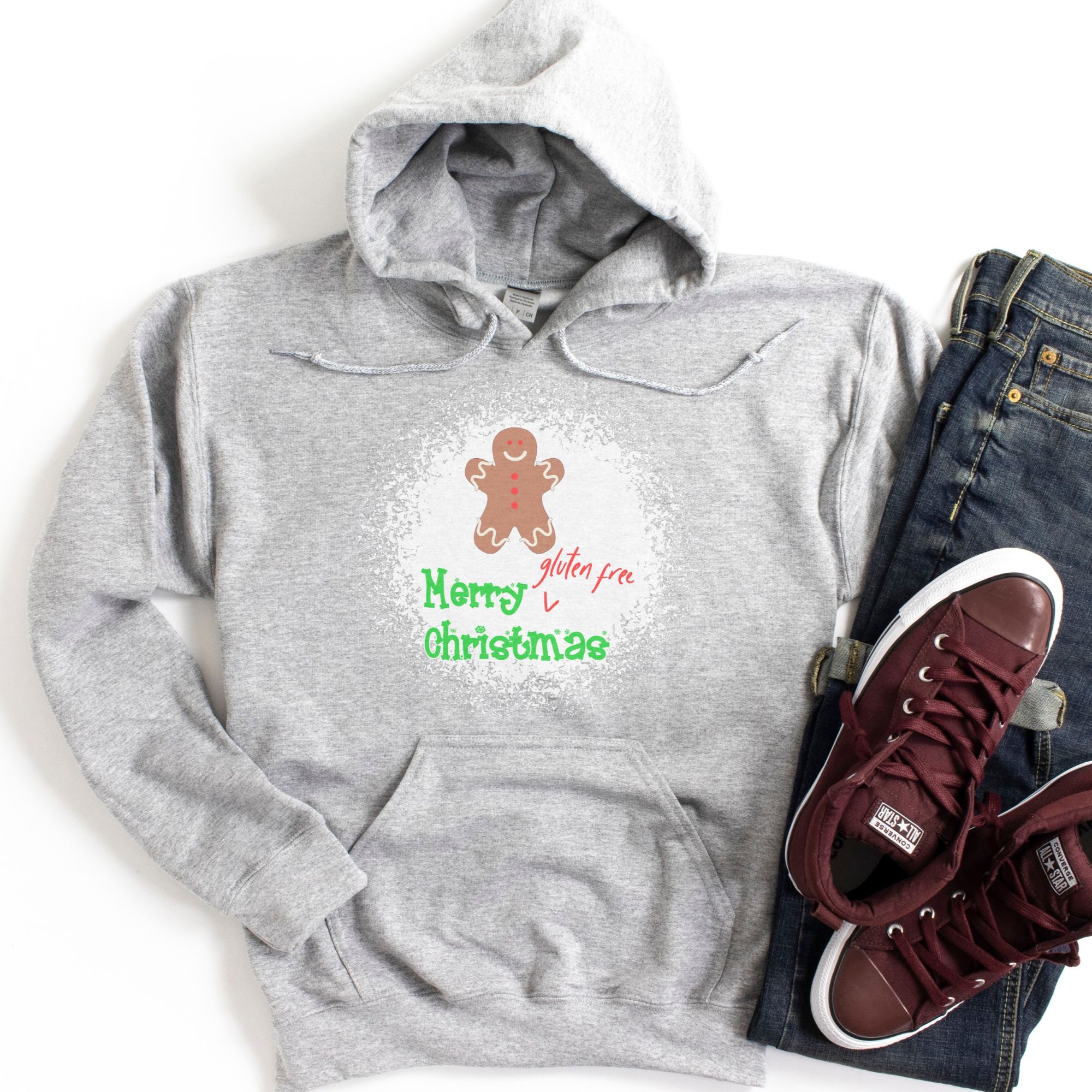 Merry Gluten Free Christmas Men's Gingerbread Boy Hoodie (Light Grey ...